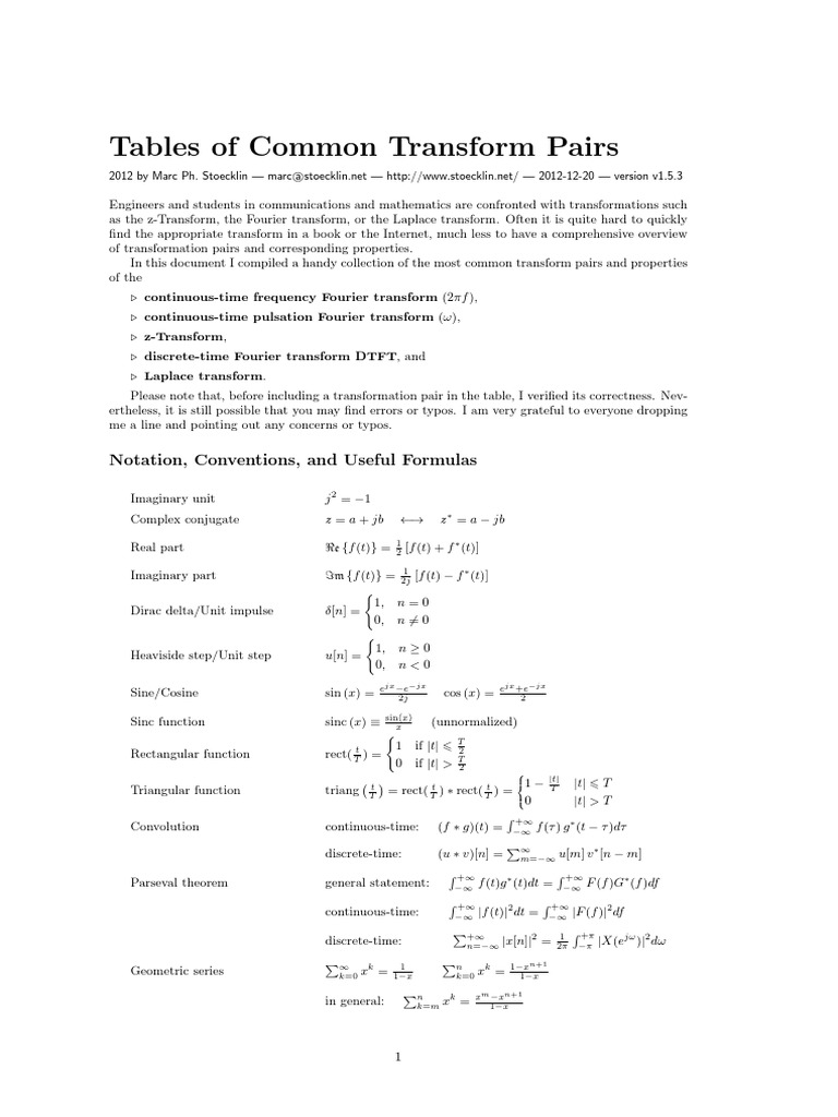 Tables of Common Transform Pairs: Notation, Conventions, and Useful ...