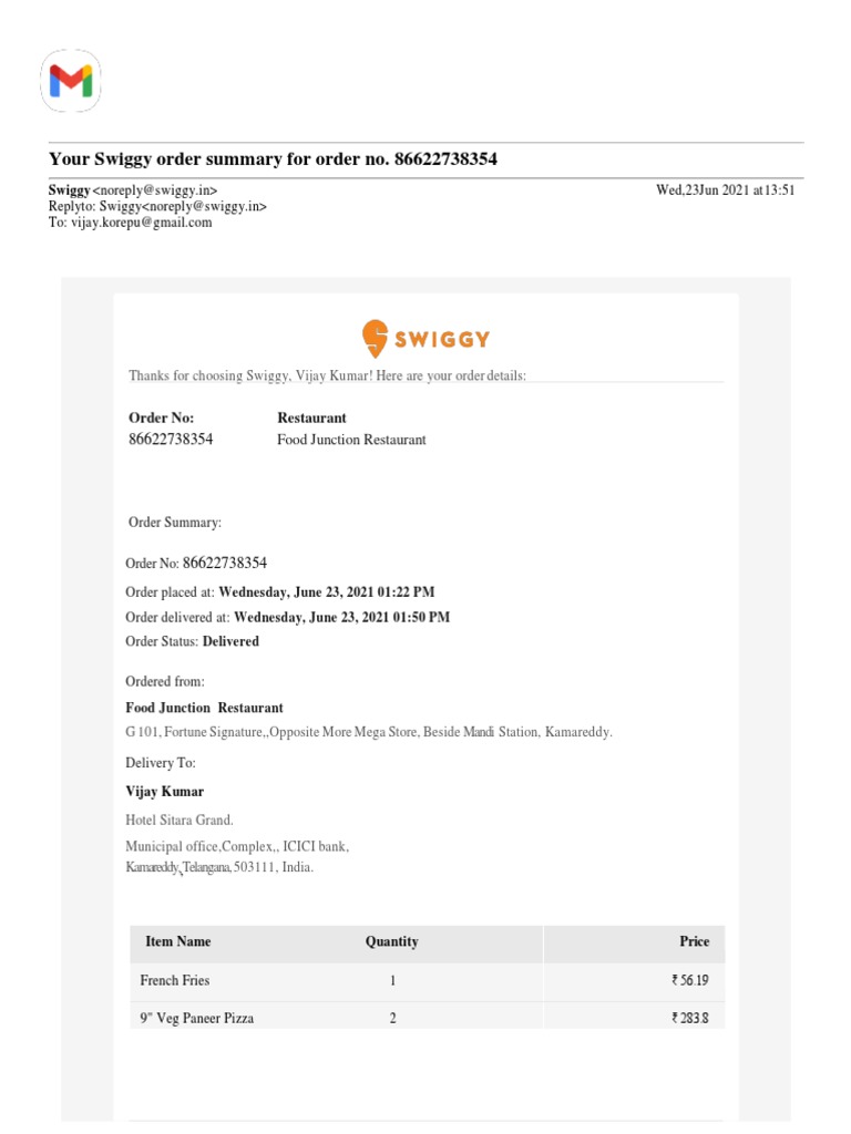 Your Swiggy Order Summary for Order No. 86622738354 | PDF | Food And ...