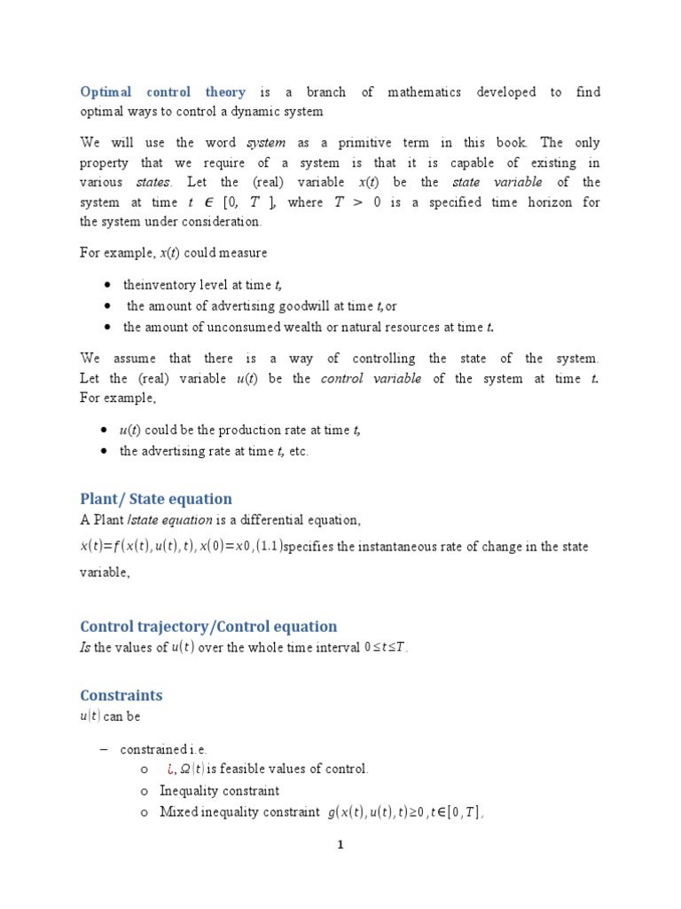 Note-Optimal Control Theory - From Surash P. Sethi | PDF | Optimal ...