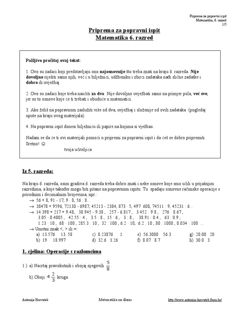 Priprema Za Popravni Ispit Iz Matematike 6 Razred | PDF