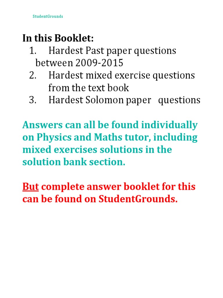 Hardest Past Paper Questions Between 2009-2015 2. Hardest Mixed ...