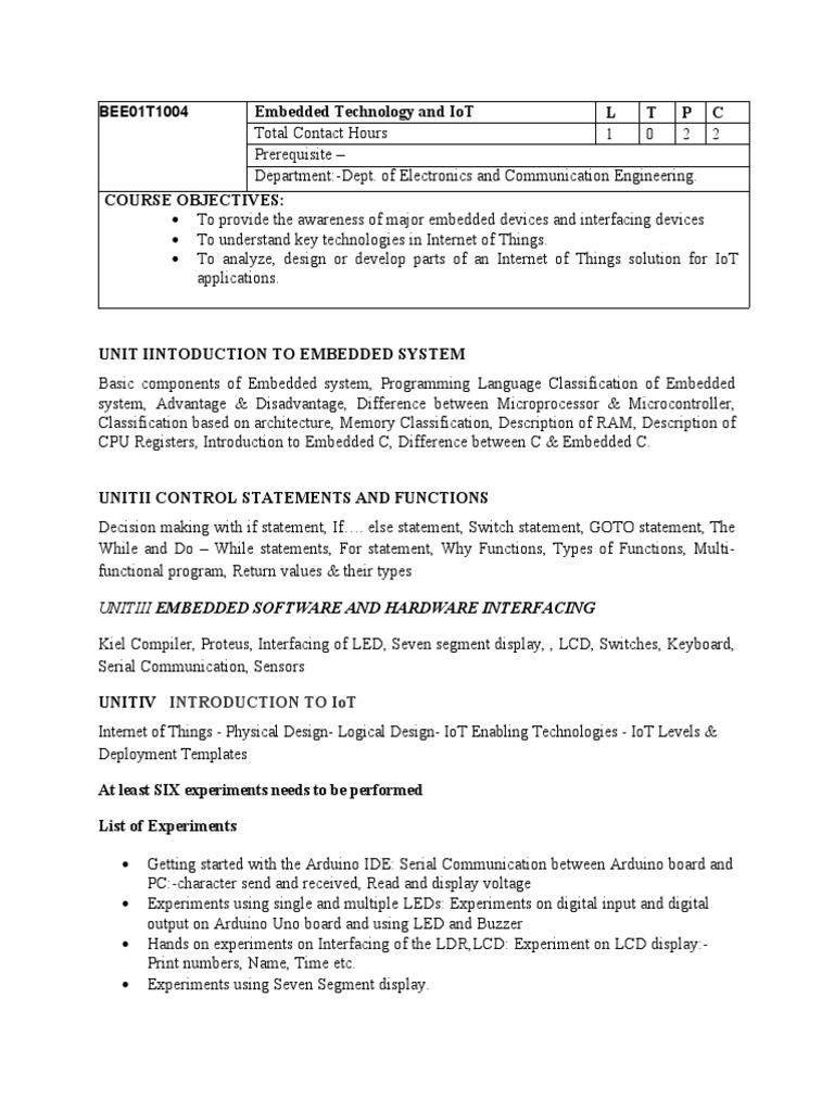 Syllabus - Embedded Technology and IoT | PDF | Embedded System | Arduino