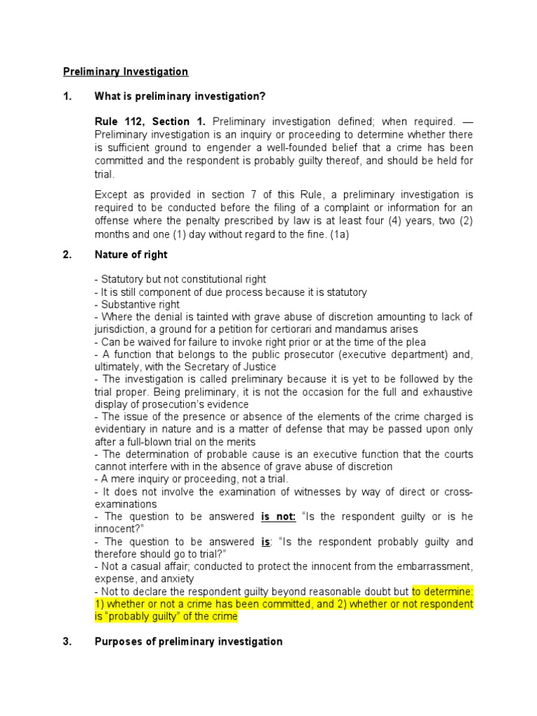 PRELIMINARY INVESTIGATION GUIDE | PDF | Arrest | Probable Cause
