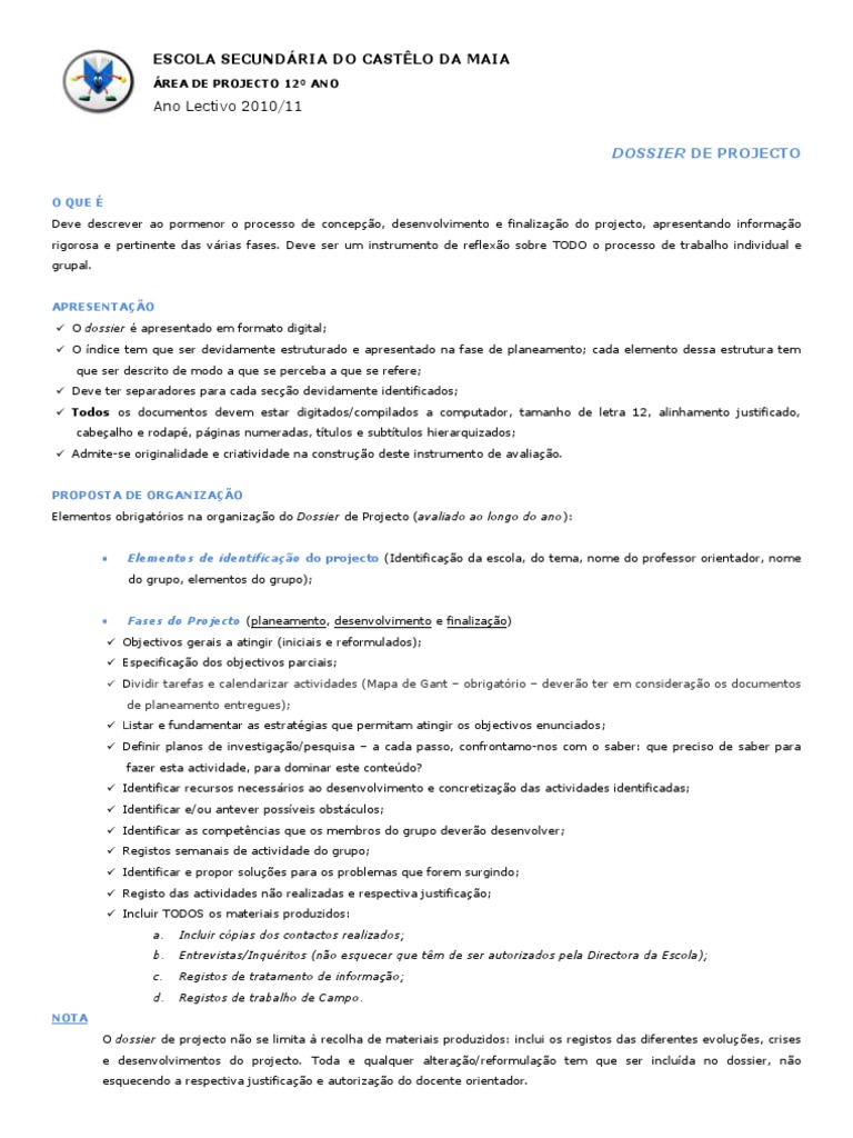 Guia para o Dossier de Projecto | PDF | Planejamento | Computação e ...