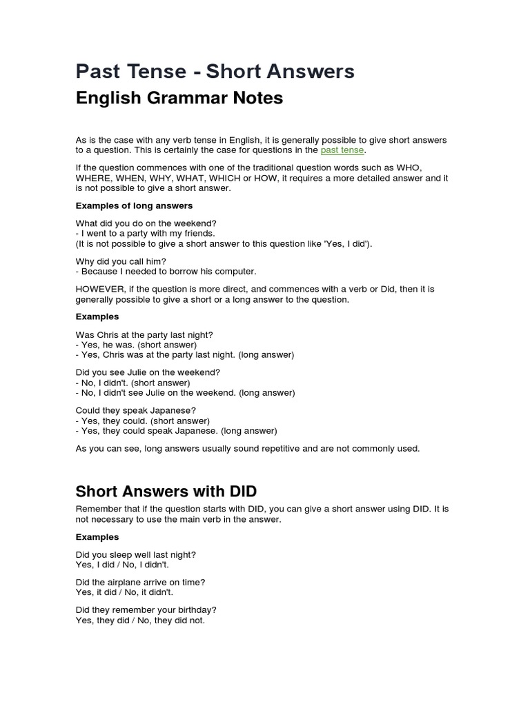 Past Tense - Short Answers: English Grammar Notes | PDF | Question ...
