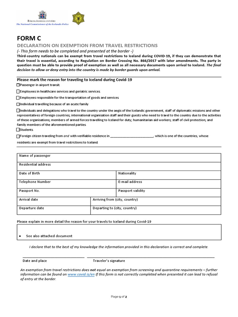 FORM C - Declaration On Exemption From Travel Restrictions | PDF ...