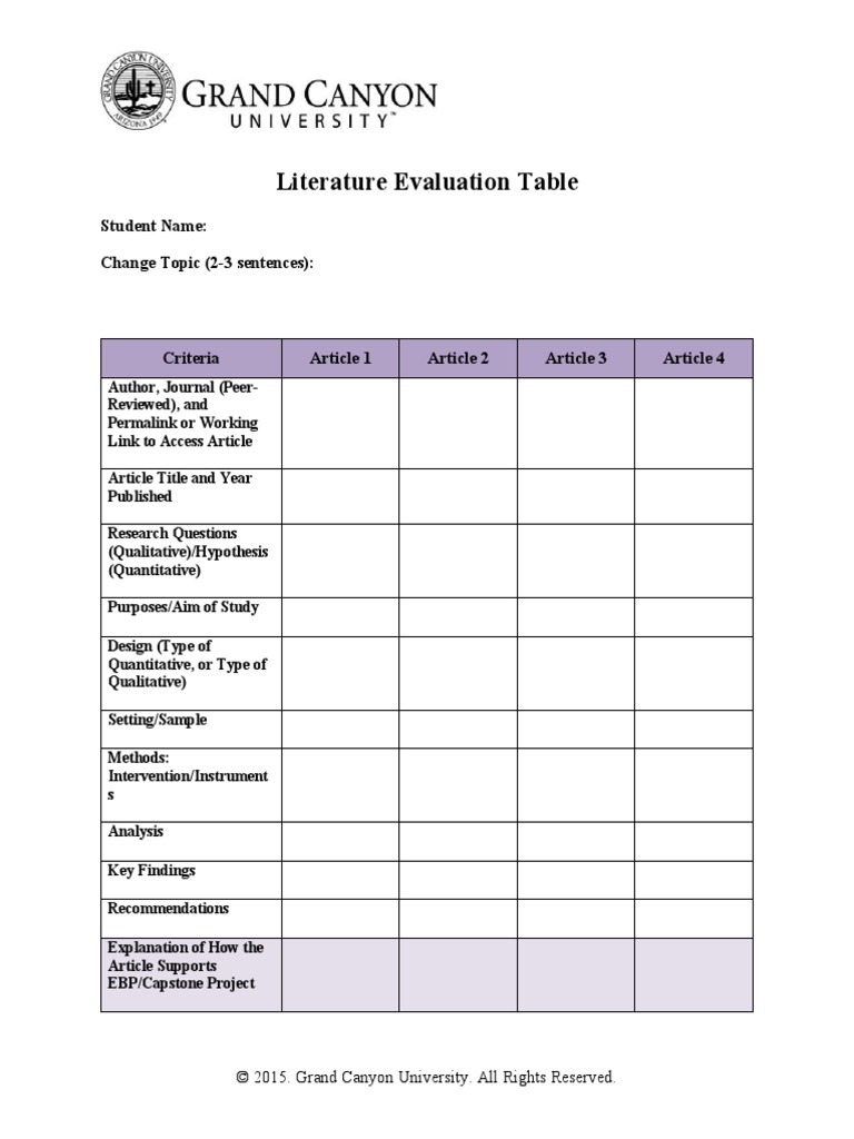 Literature Evaluation Table: Student Name: Change Topic (2-3 Sentences ...