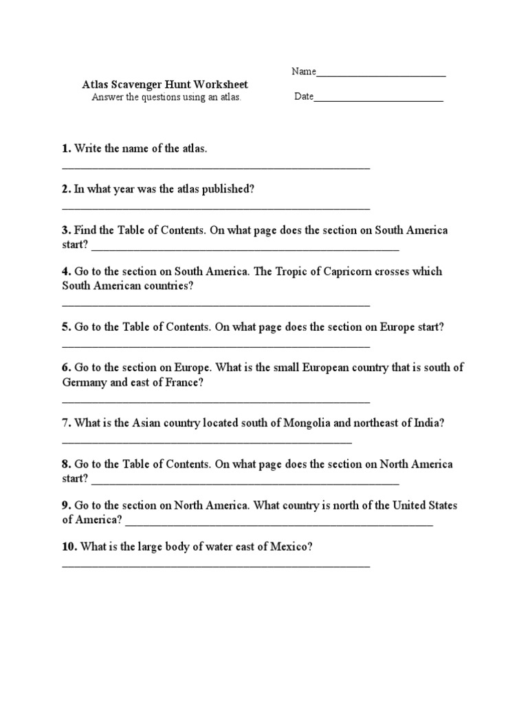 Atlas Scavenger Hunt Worksheet: Name - Date | PDF