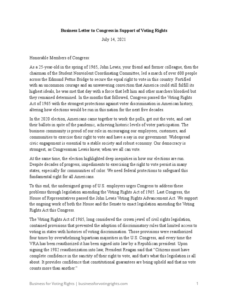 Letter For Voting Rights | PDF | Voting Rights Act Of 1965 | Group ...