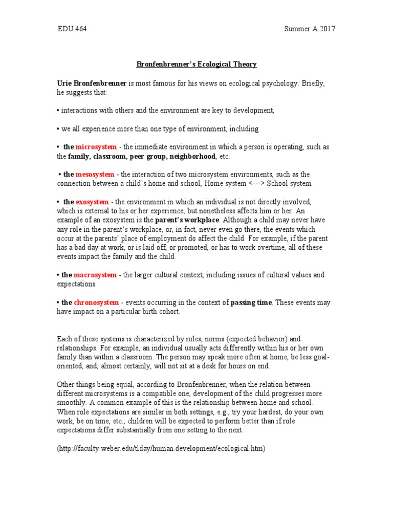Bronfenbrenner's Ecological Theory Handout | PDF