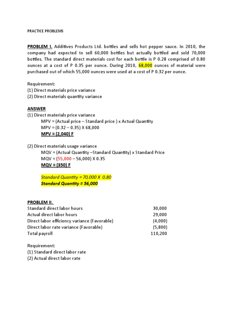 Variance Analysis Practice Problems Download Free Pdf Variance