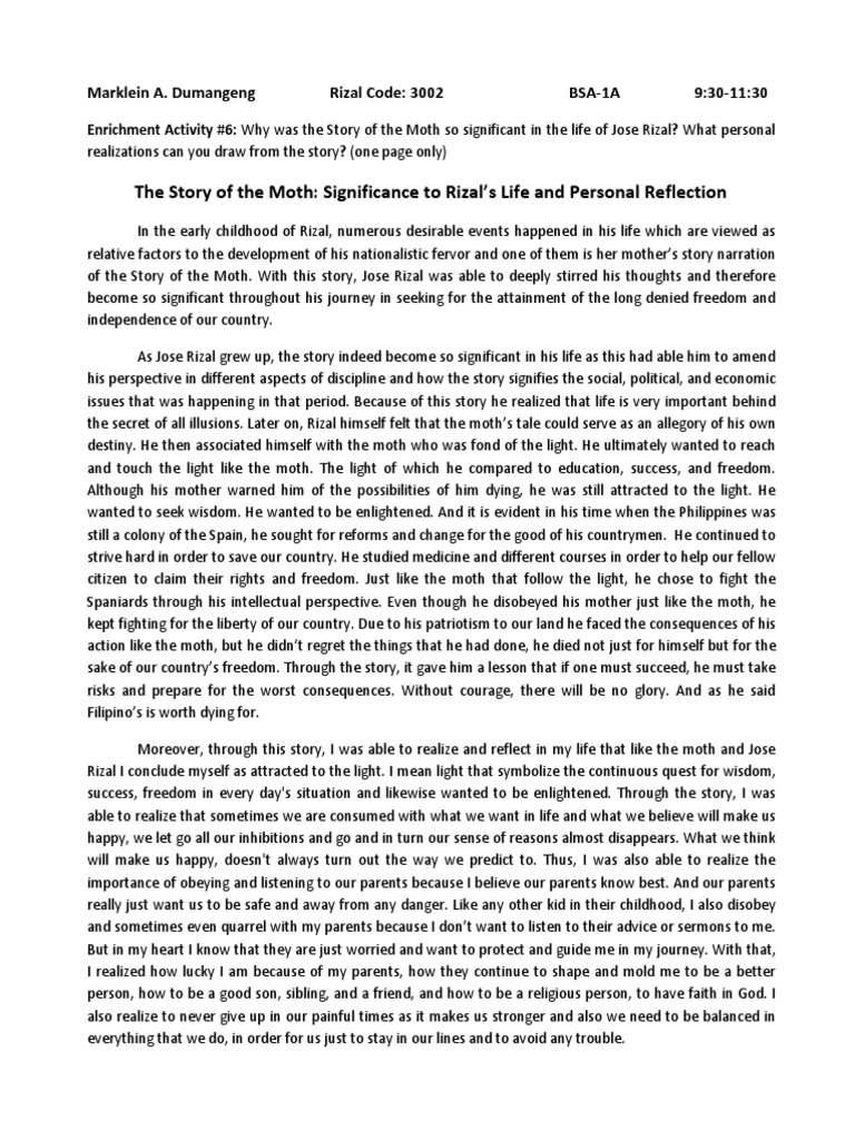 The Story of The Moth: Significance To Rizal's Life and Personal ...