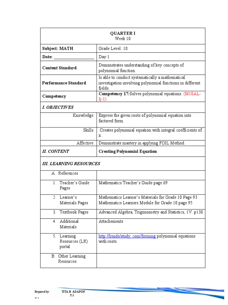 Quarter I Subject: MATH Date: - Day:1 Content Standard Performance ...