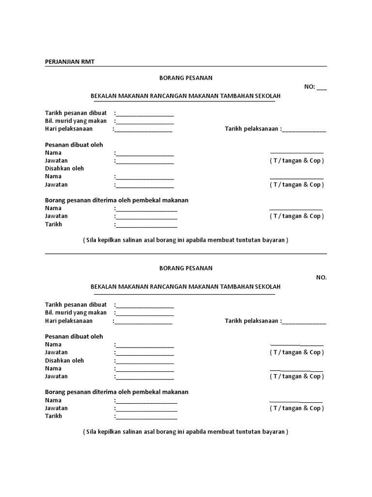 Borang Pesanan RMT | PDF