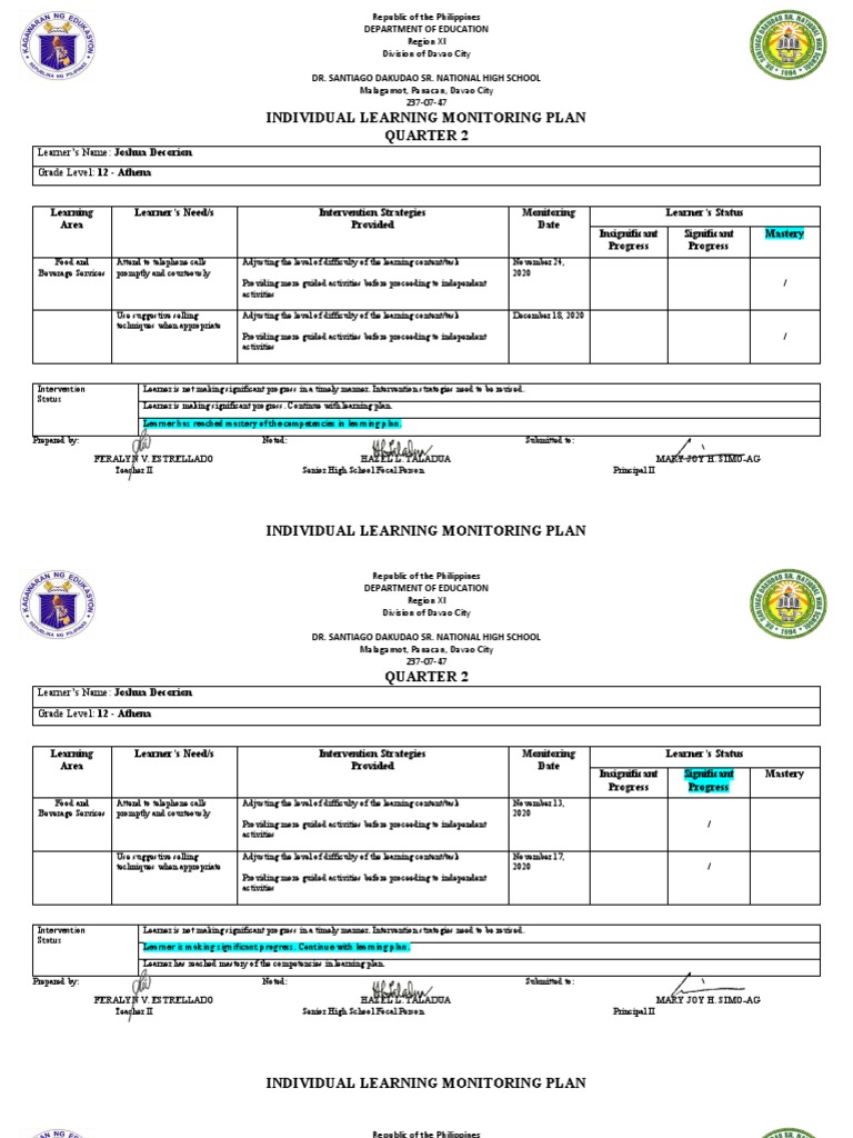 Individual Learning Monitoring Plan | PDF | Educational Psychology ...