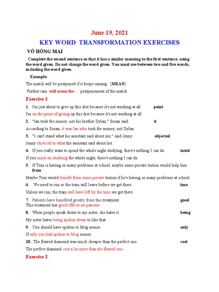 Key Word Transformation Exercises | PDF | Home & Garden | Self-Improvement