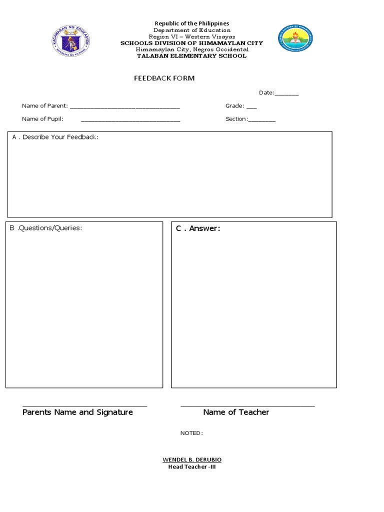 Feedback Form: Schools Division of Himamaylan City Talaban Elementary ...