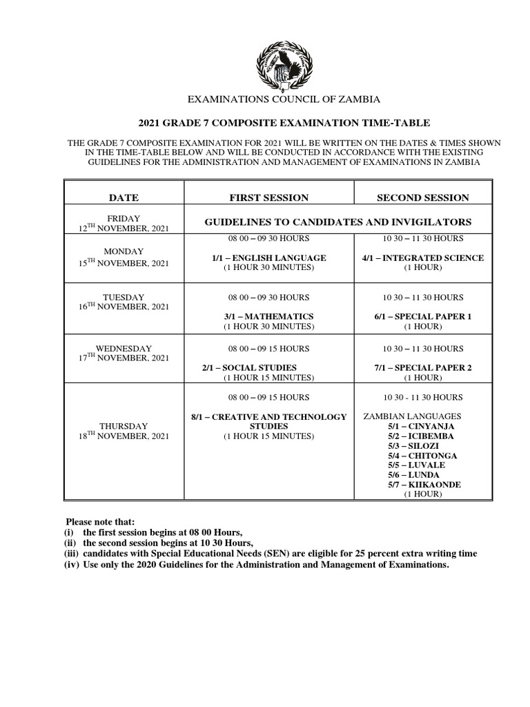 2021 Grade 7 Composite Examination Timetable | PDF