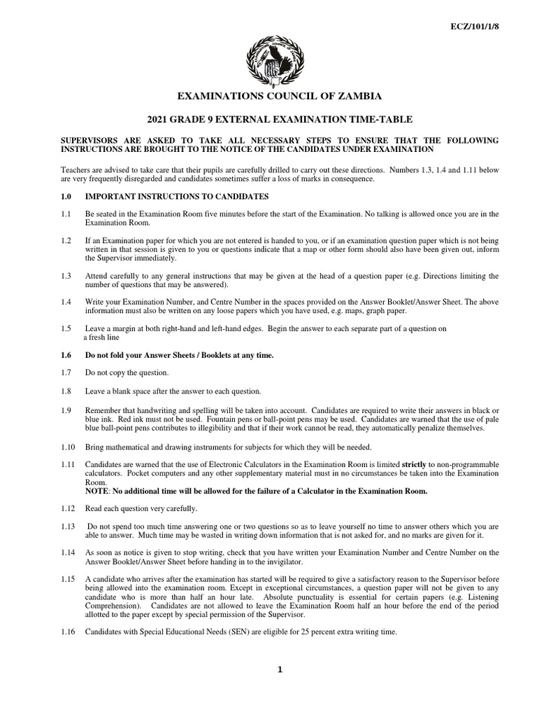 2021 Grade 9 External Examination Timetable | PDF | Test (Assessment ...