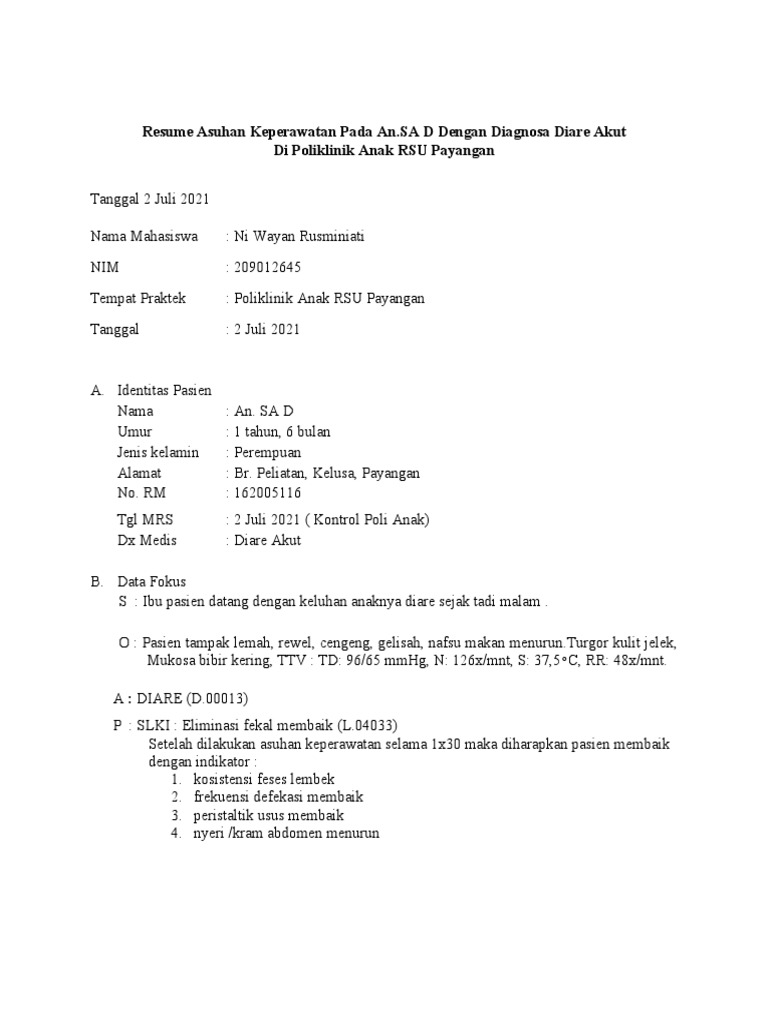 Resume Askep Diare - Ni Wayan Rusminiati (209012645) | PDF