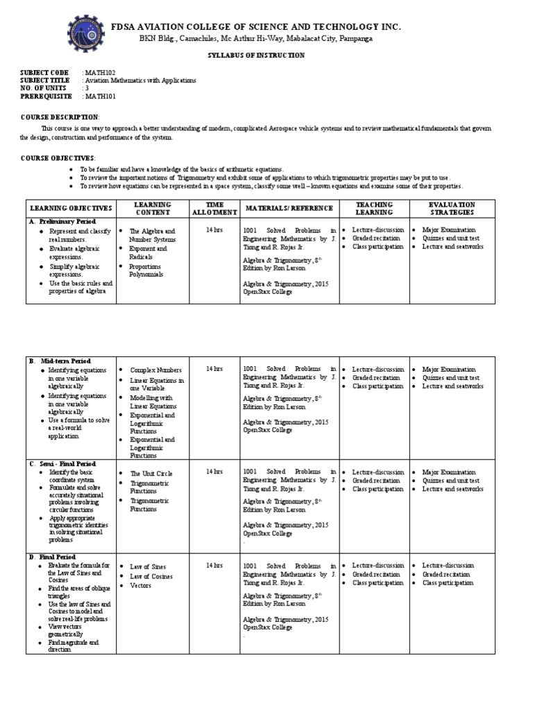 MATH102 Syllabus | PDF | Trigonometric Functions | Trigonometry