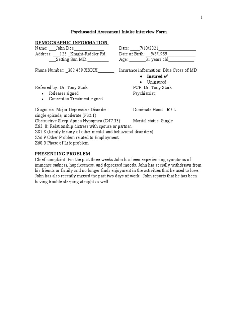 Psychosocial Assessment Intake Interview John Doe Form | PDF ...
