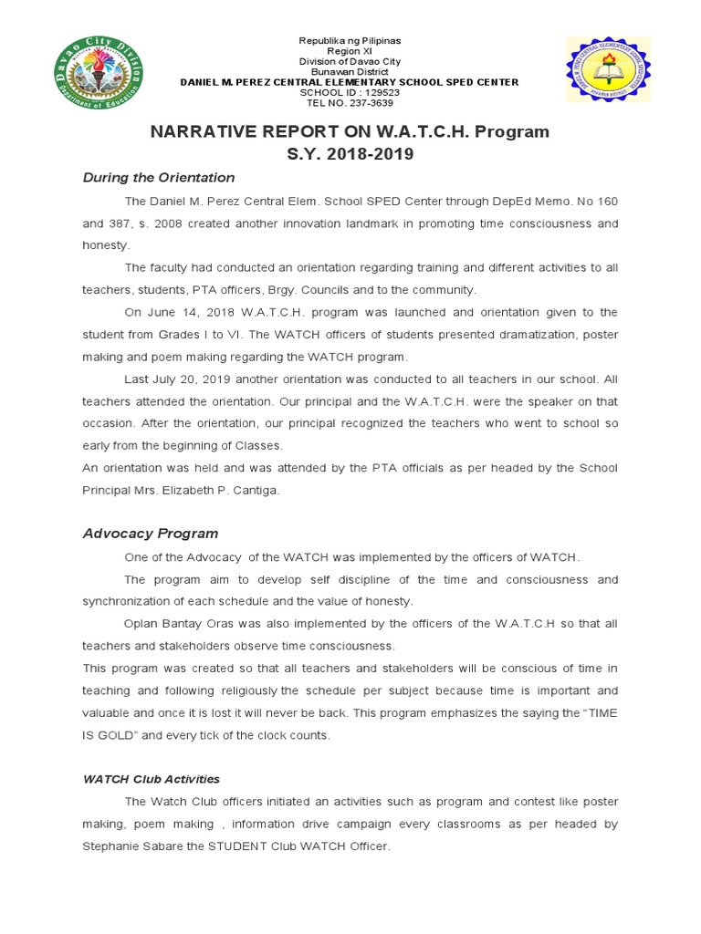 Narrative Report On W.A.T.C.H. Program S.Y. 2018-2019: During The ...