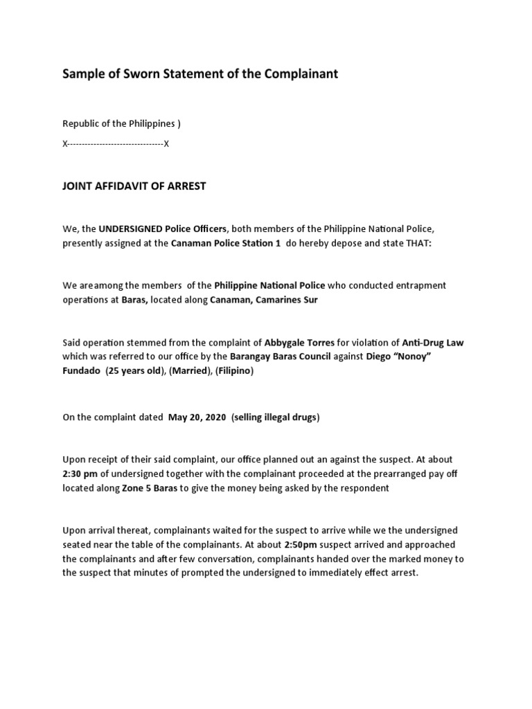 Sample of Sworn Statement of The Complainant: Joint Affidavit of Arrest ...