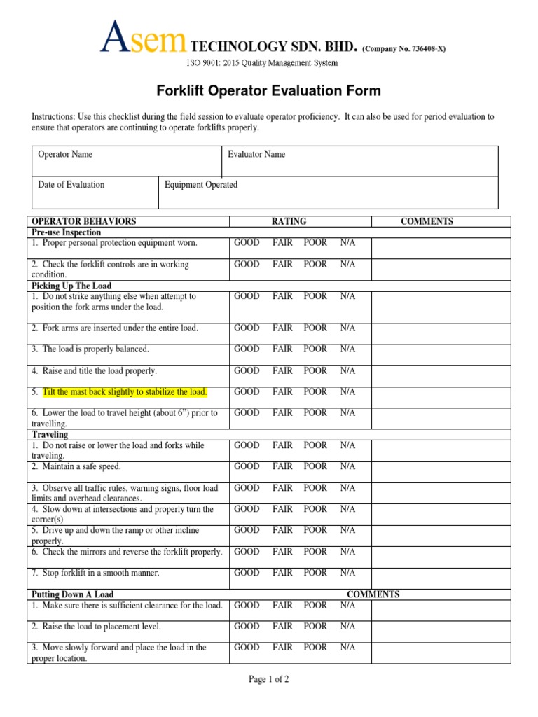 Forklift Operator Evaluation Checklist | PDF | Forklift | Transport