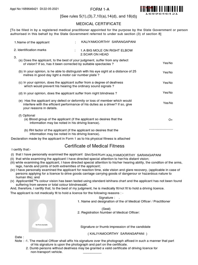 Form 1-A (See Rules 5 (1), (3), 7,10 (A), 14 (D), and 18 (D ...
