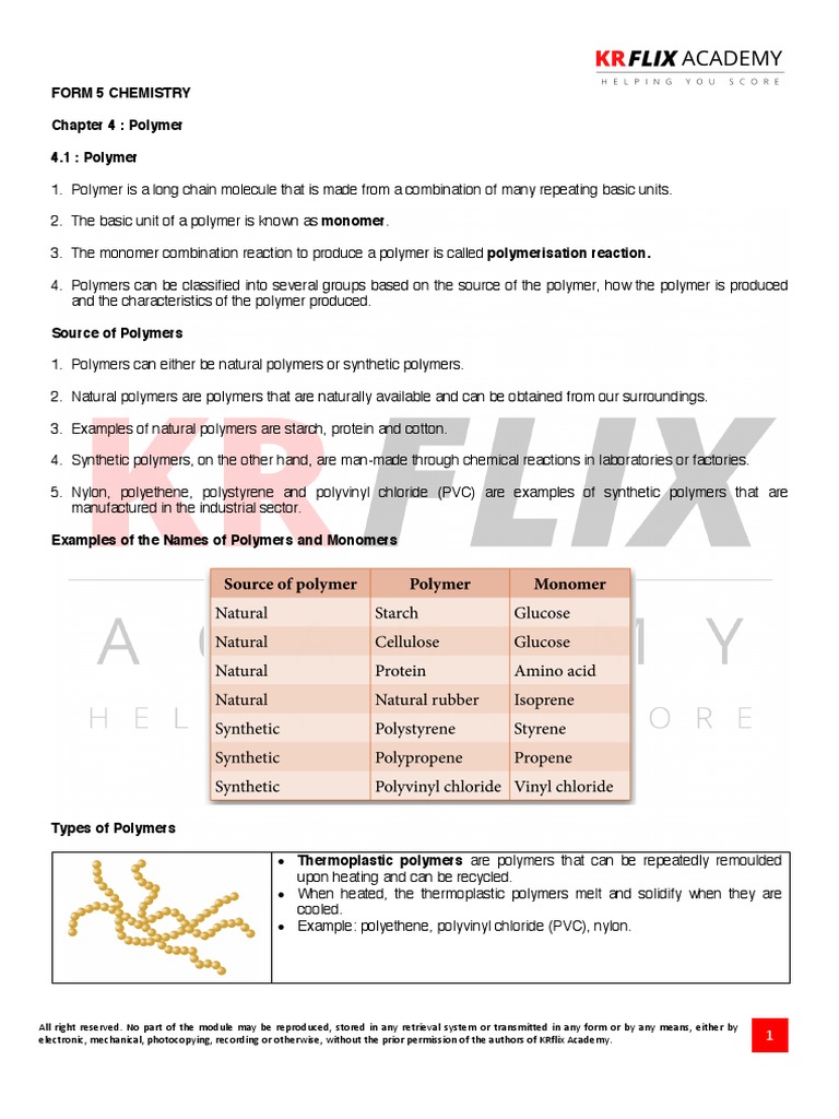 Form 5 Chemistry - Chapter 4: Polymer (Part 1) | PDF | Polymerization | Polymers