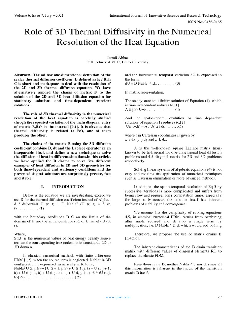 Role of 3D Thermal Diffusivity in The Numerical Resolution of The Heat ...