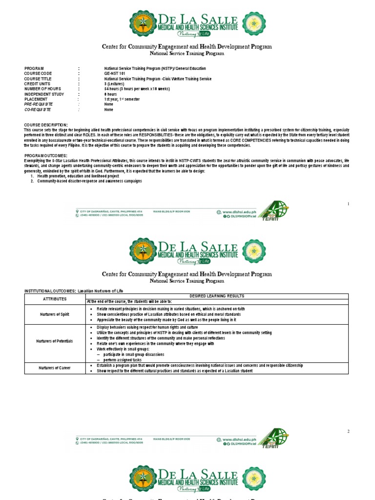 NSTP 101 - CWTS Syllabus AY 2020-2021 | PDF | Substance Abuse | Service ...