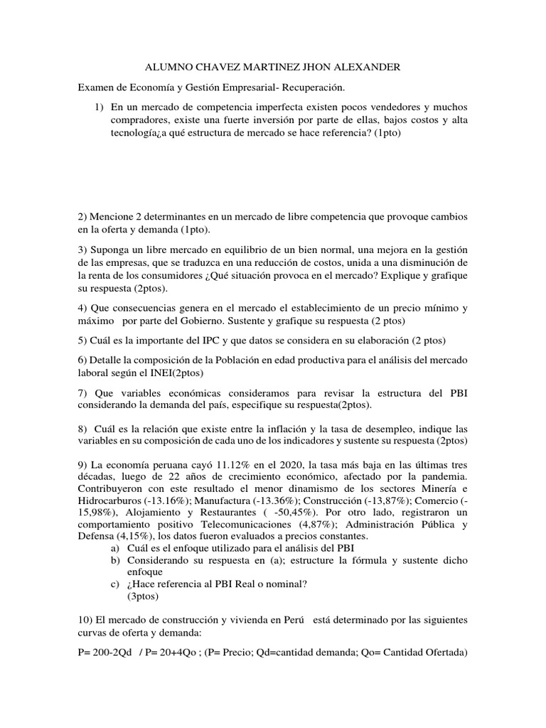 Examen de Recuperacion Eyge. Chavez Martinez Jhon | PDF | Oferta (economía) | Equilibrio económico