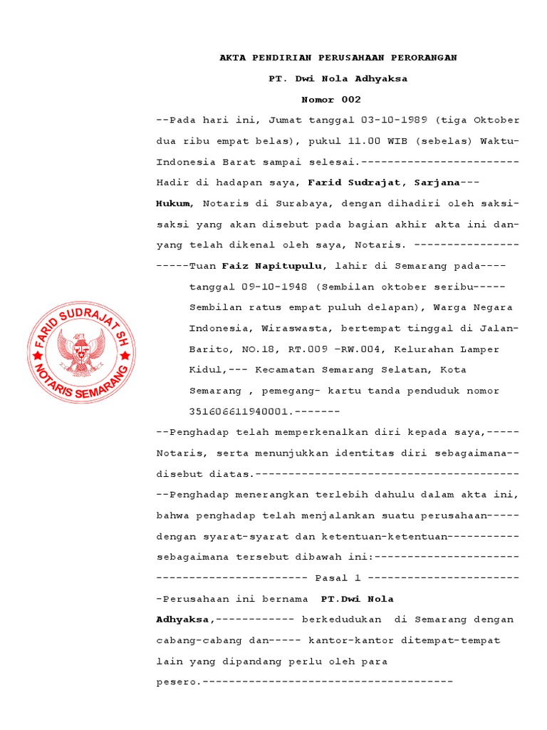 Akta Pendirian Dwinola Adhyaksa Dan Cap Notaris | PDF