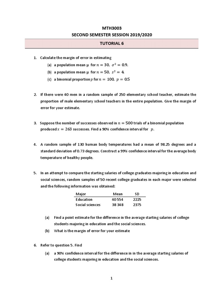 Tutorial 6 | PDF | Standard Deviation | Confidence Interval