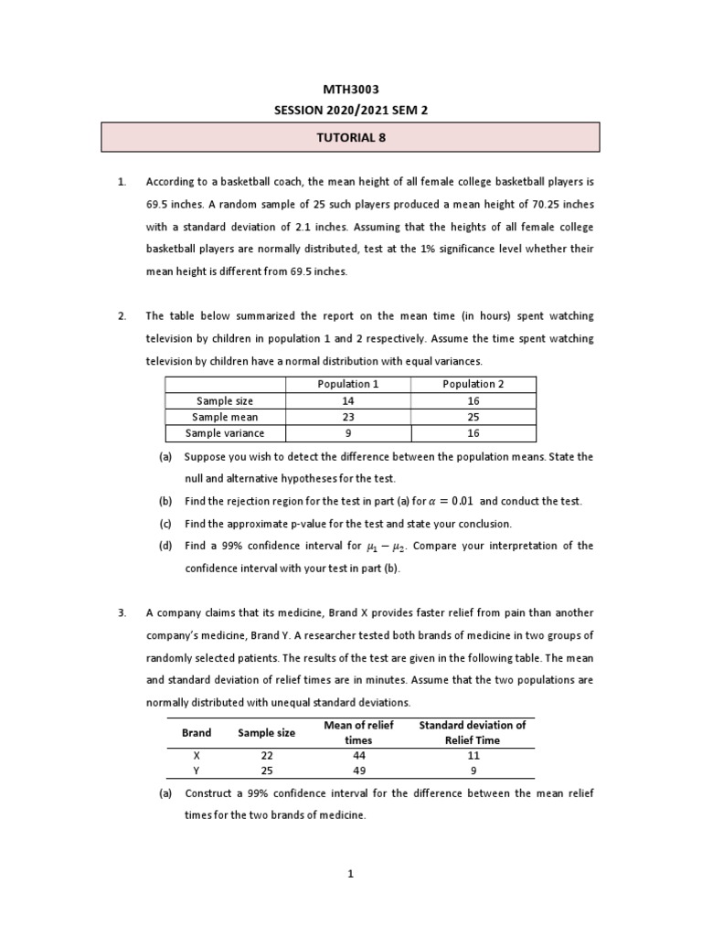 Tutorial 8 | PDF | Statistical Hypothesis Testing | Statistical ...