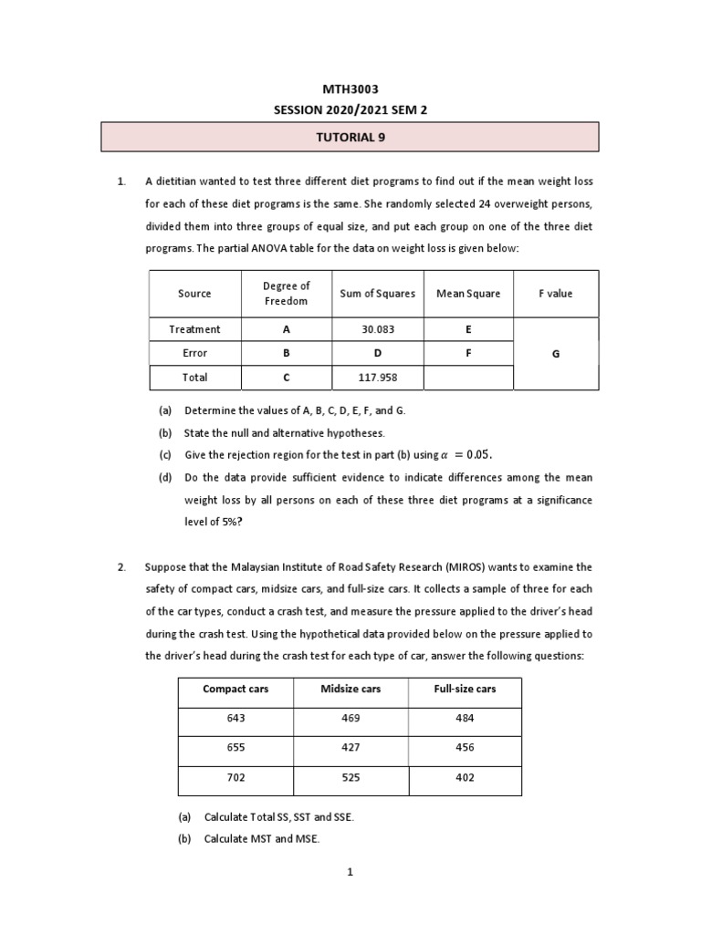 Tutorial 9 | PDF | Analysis Of Variance | Statistical Inference