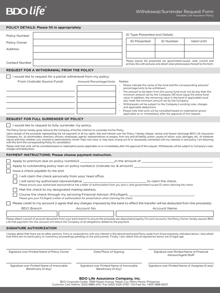 BDO Life Insurance Withdrawal Form | PDF | Cheque | Life Insurance