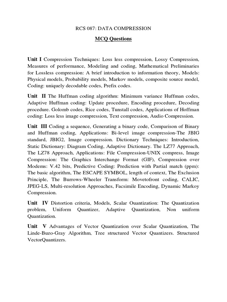 RCS 087 - DATA COMPRESSION 300+ MCQs | PDF | Data Compression | Code