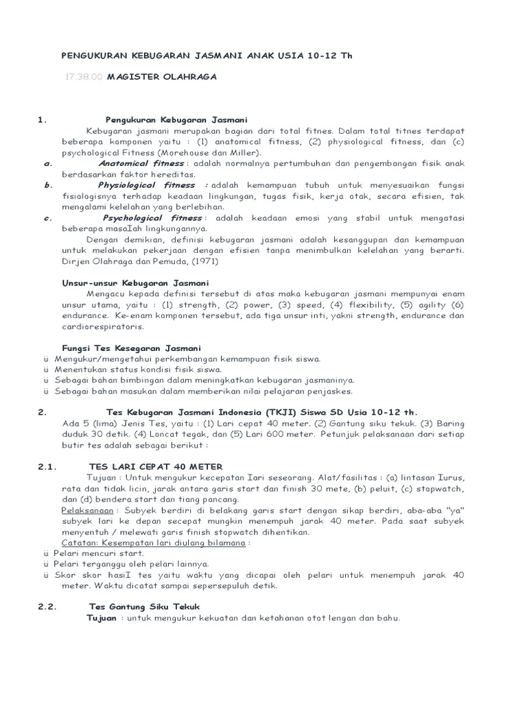 Pengukuran Kebugaran Jasmani Anak Usia 10 | PDF Pengukuran Kebugaran Jasmani Anak Usia 10 | PDF