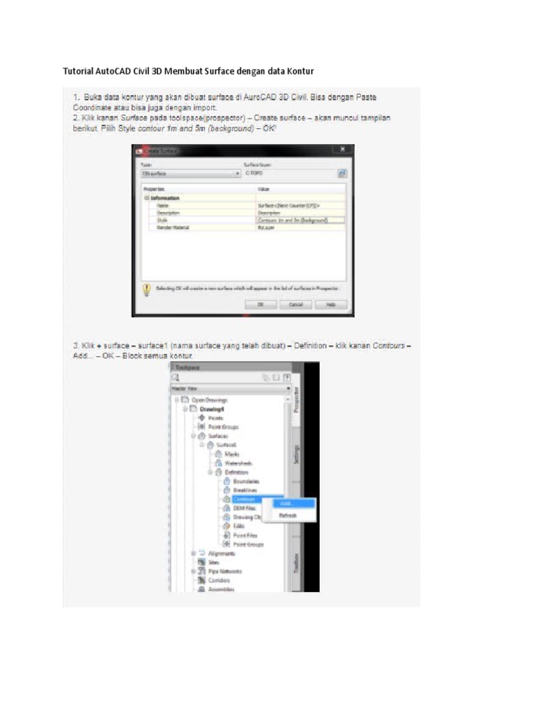 Tutorial AutoCAD Civil 3D Membuat Surface Dengan Data Kontur | PDF