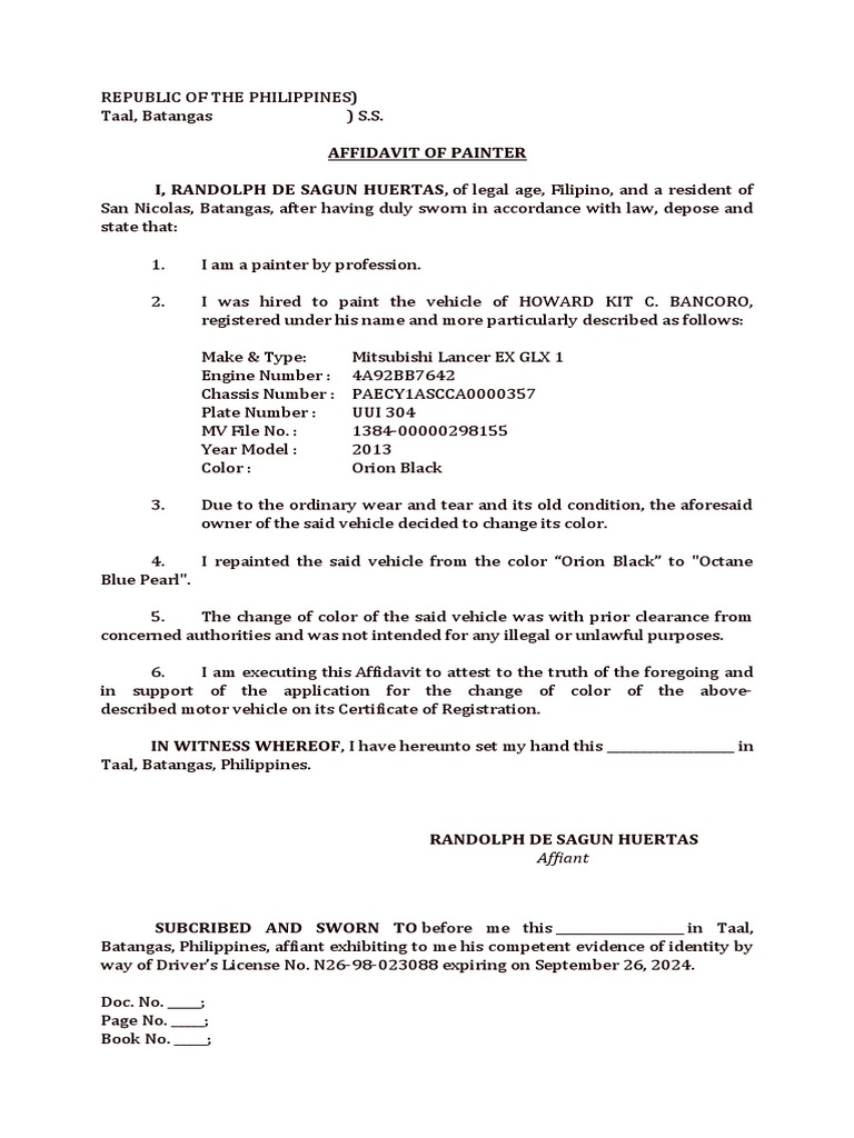Affidavit of Painter Randolph De Sagun Huertas Regarding the Repainting ... Affidavit of Painter Randolph De Sagun Huertas Regarding the Repainting ...