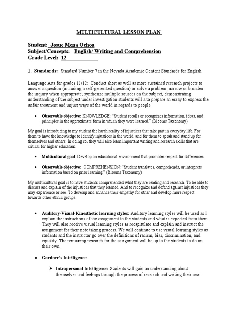 Edu 280 Artifact 2 - Multicultural Lesson Plan | PDF | Reading ...