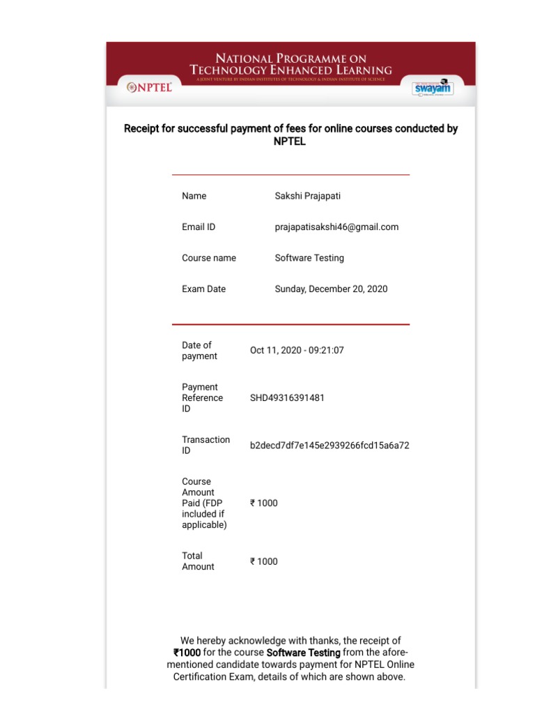 Receipt For Successful Payment of Fees For Online Courses Conducted by Nptel | PDF