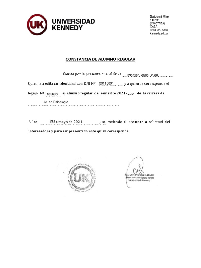Constancia de Alumno Regular 2021 | PDF