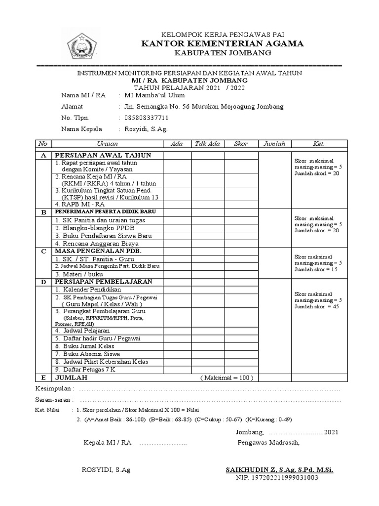 Monitoring Awal Tahun MI/RA | PDF