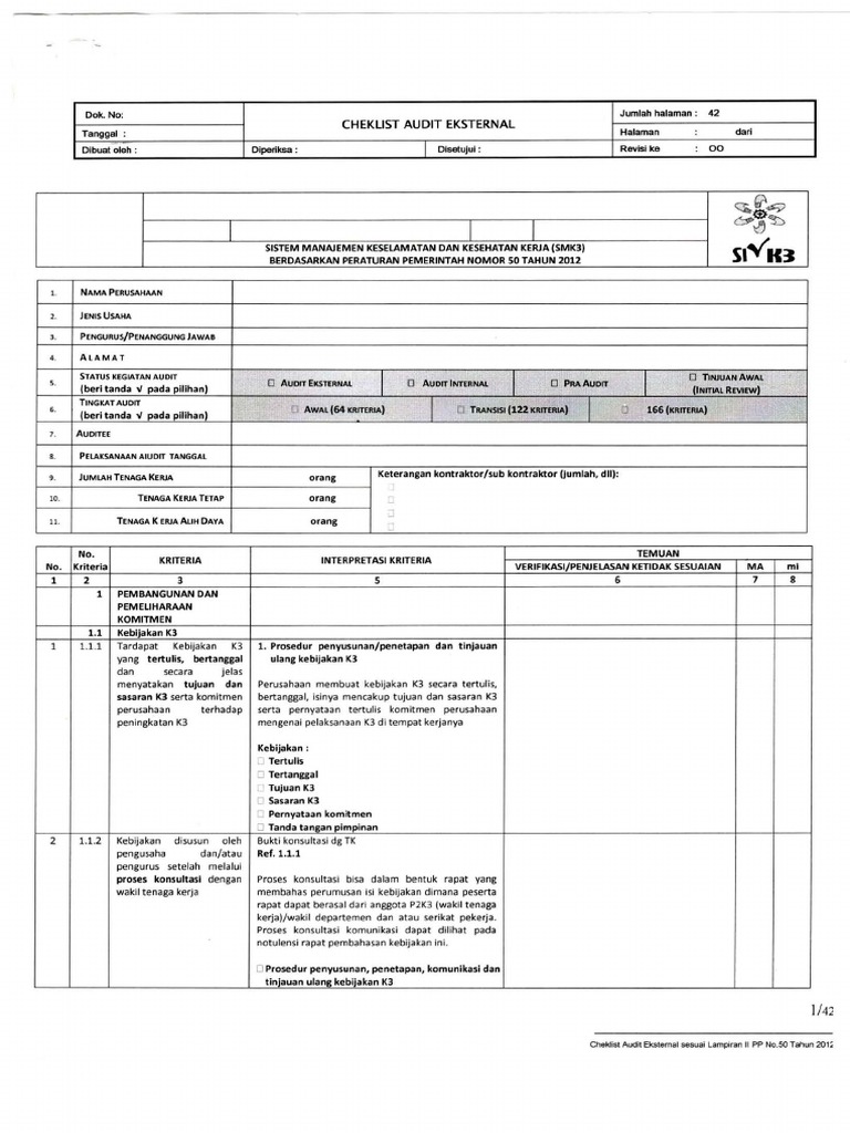 Checklist Interpretasi Kriteria SMK3 | PDF