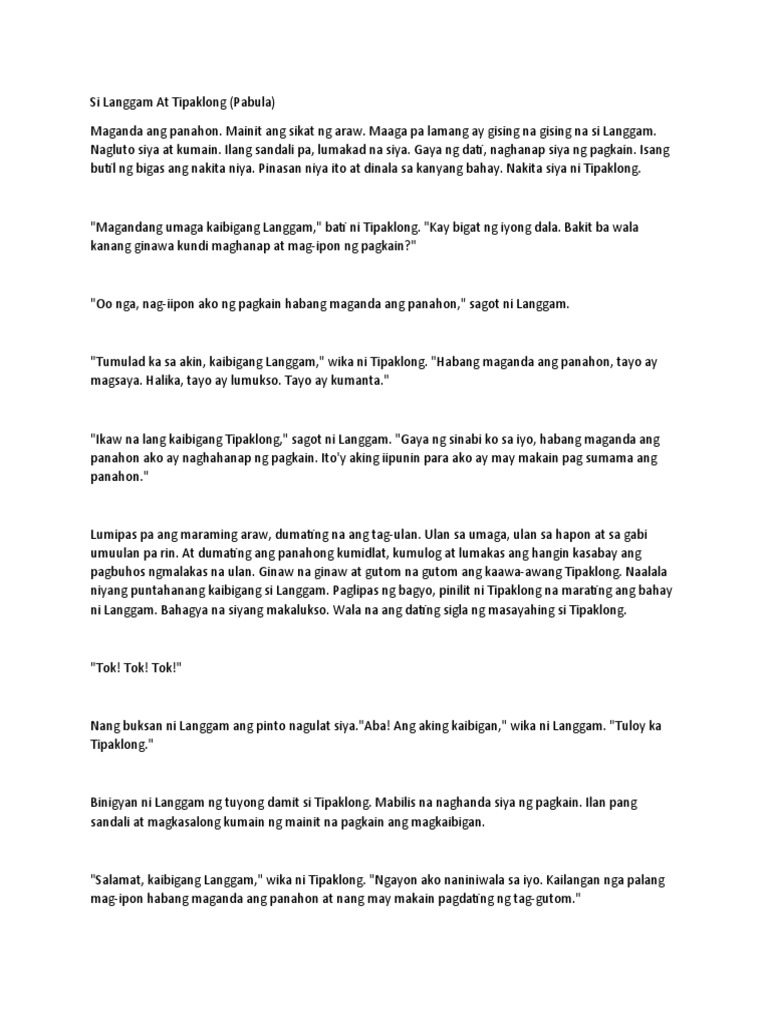 Si Langgam at Tipaklong (Pabula) | PDF