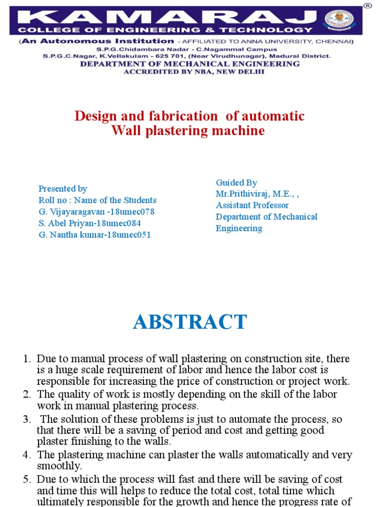 Design and Fabrication of Automatic Wall Plastering Machine | PDF ...